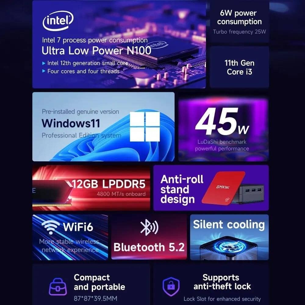 GMKtec G2 Mini PC Windows 11 Pro Alder Lake N100 Intel 12th DDR5 12GB RAM 512GB ROM WiFi 6 BT5.2 ...